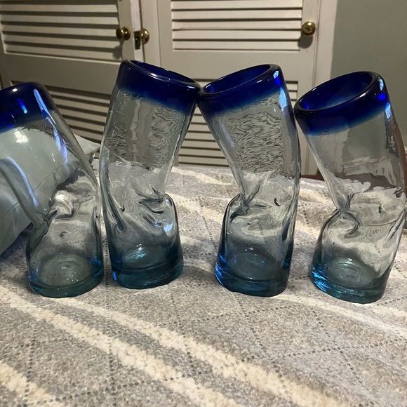 Dining | Vintage Mexican Hand Blown Glass Tumblers With Cobalt Blue ...